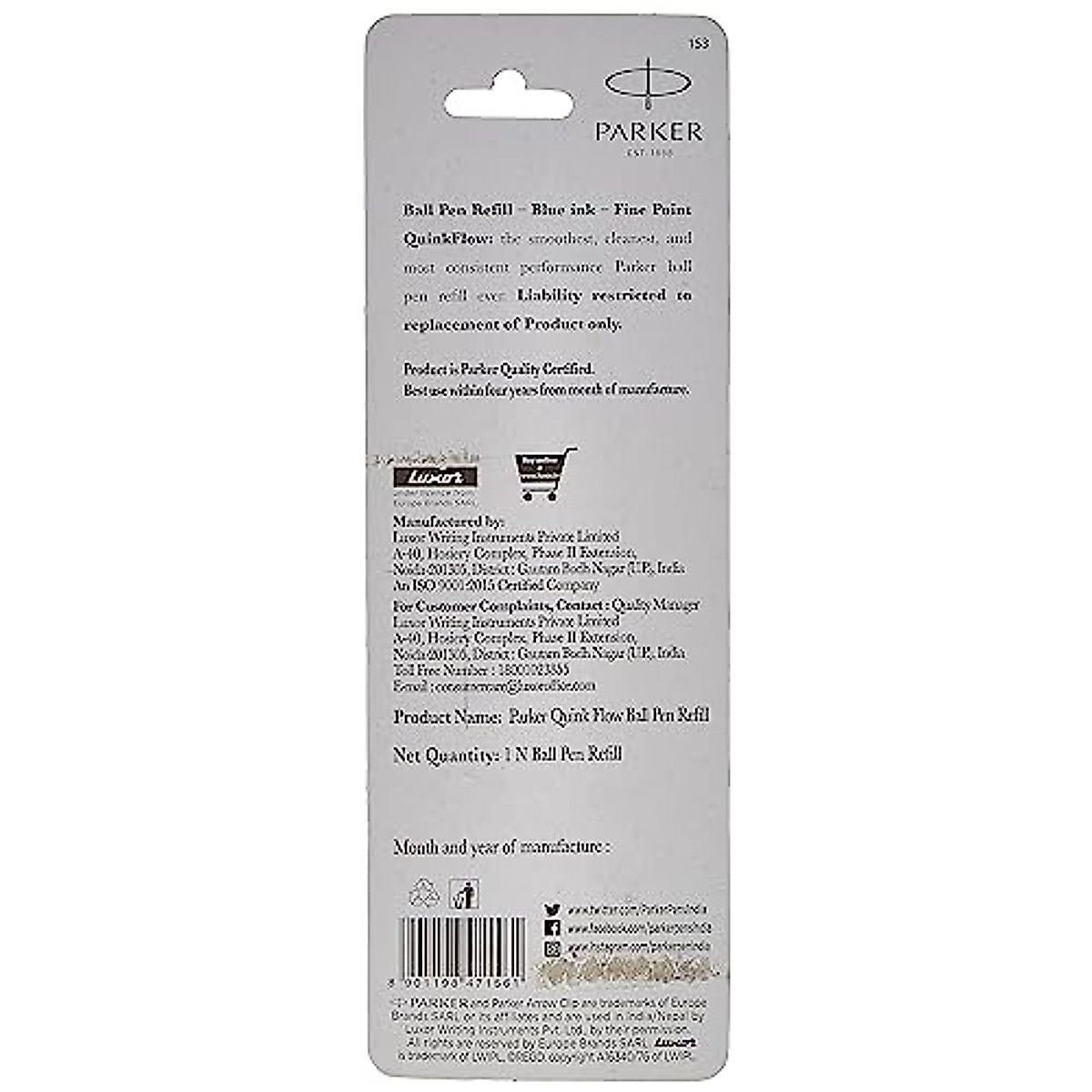 Parker Ball Point Pen Refills, Fine Point, Blue Ink, Pack of 6