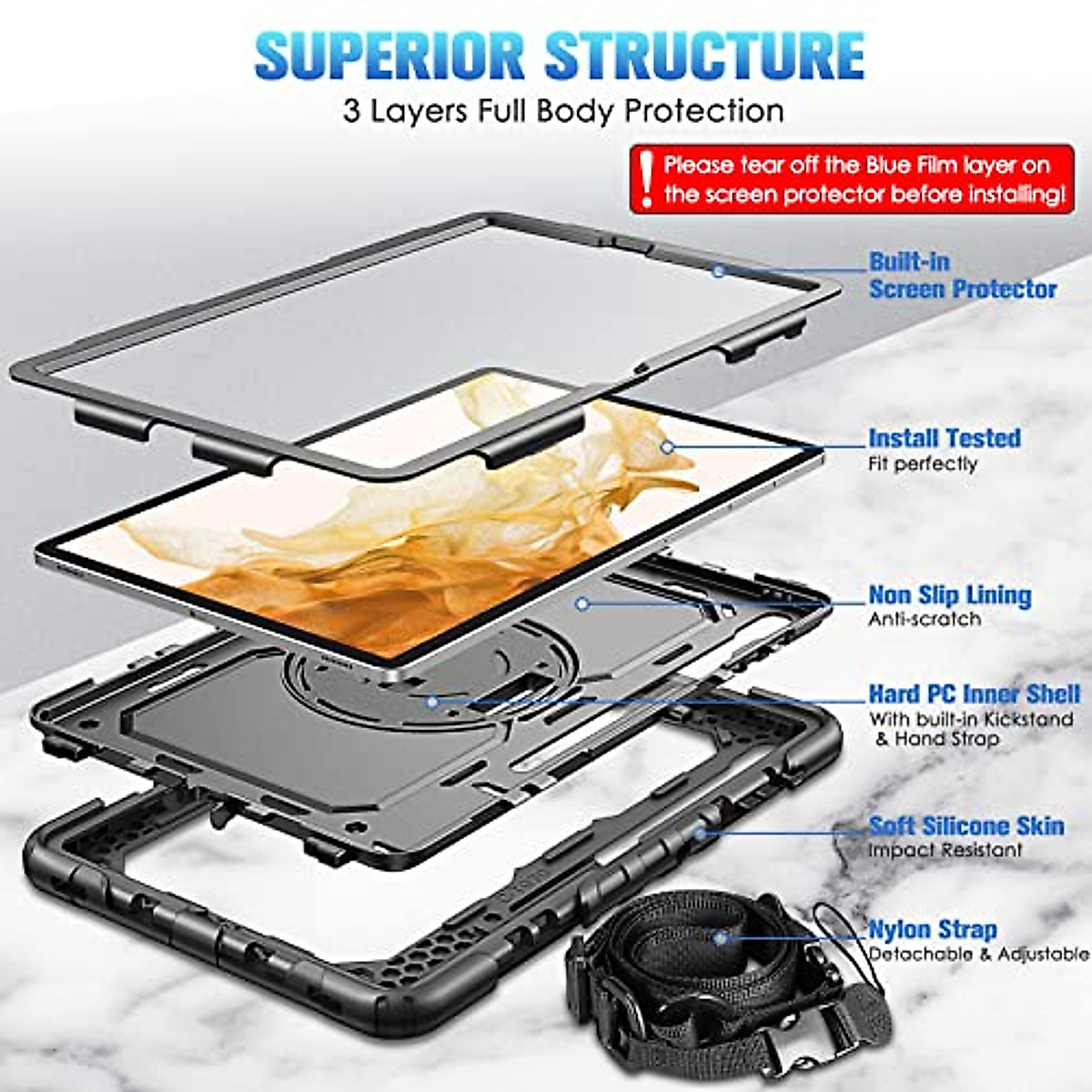 CaseBot Shockproof Case for Samsung Galaxy Tab S8 Plus 2022/S7 FE 2021/S7 Plus 2020 12.4 inch with Screen Protector, 360° Rotating Kickstand Rugged Heavy Duty Hybrid Cover w/Hand Shoulder Strap,Black