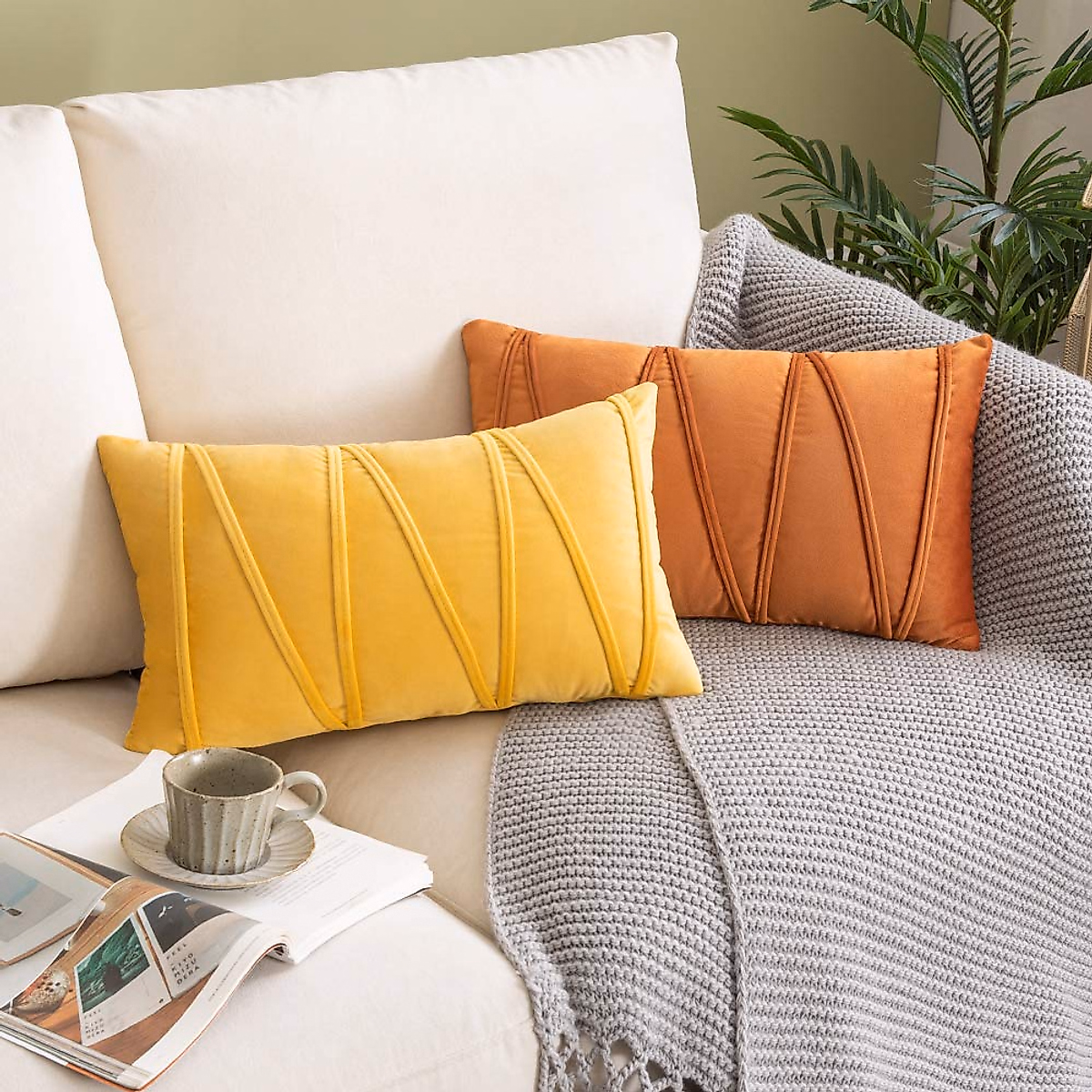Woaboy Pack of 2 Striped Velvet Throw Pillow Covers Orange Modern Decorative Couch Throws Square Soft Cozy Pillowcases for Bed Sofa Fall Cushion Living Room 12x20 Inch