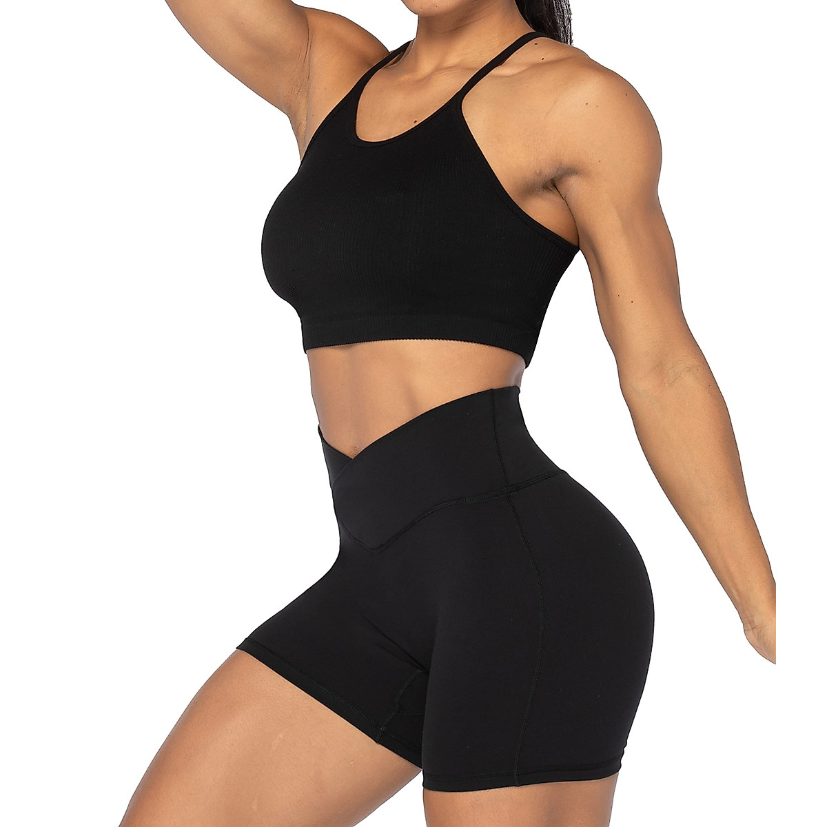 Sunzel Sunzfly Crossover Biker Shorts for Women, V Criss Cross High Waist Yoga Workout Gym Shorts with Tummy Control 4" Black Small