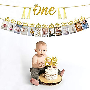 First Birthday Decorations, 1st Birthday Photo Banner for Newborn to 12Months, Gold “ONE” Birthday Banner and ONE Cake Topper for Birthday Party (Gold Glitter)