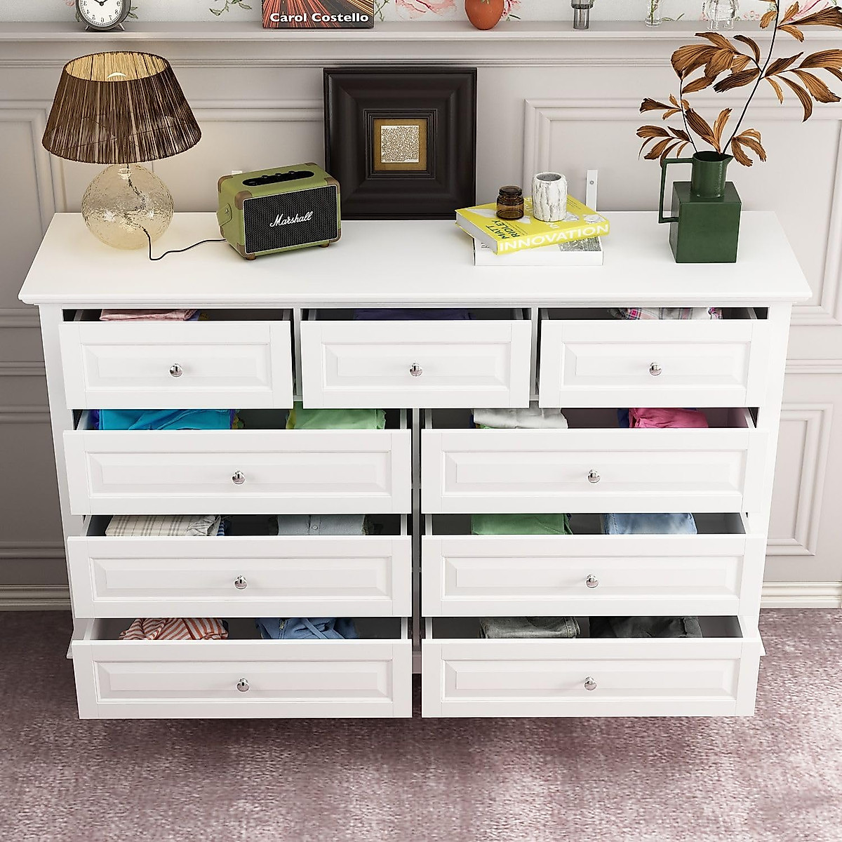 MOUMON Chest of Drawers 9 Drawer Dresser, Modern Contemporary Dresser with Sliver Handles, 9 Drawer Cabinet with Wooden Legs, White Dresser for Bedroom 55.1”W x 15.7”D x 37”H