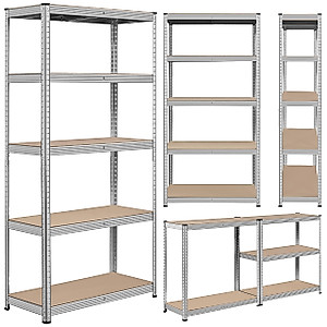 Topeakmart 5-Tier Utility Shelves, Metal Storage Shelves Unit Adjustable Garage Storage Racks Heavy Duty Shed Shelving- Silver, 35.5 x 16 x 71 Inch