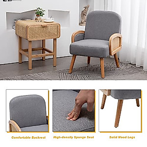 KVK Mid Century Modern Accent Chair, Upholstered Chairs with Bamboo Knitting and Solid Wood Legs, Comfy Linen Fabric Armchair for Club, Living Room, Reading Room, Bedroom, Gray (WJHM-079GR)