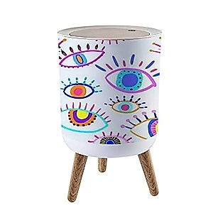 Small Trash Can with Lid Bright seamless with colorful eyes Texture for teenager girls Womens Garbage Bin Wood Waste Bin Press Cover Round Wastebasket for Bathroom Bedroom Kitchen 7L/1.8 Gallon