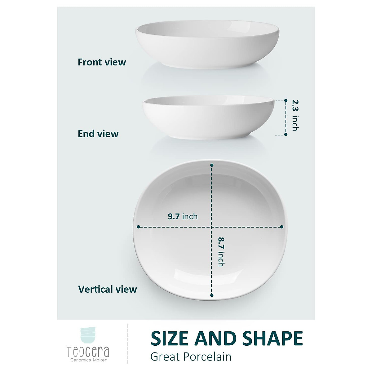 Teocera Pasta Bowls, Salad Bowls Set, Large Serving Bowls, 50 Ounce Porcelain White Bowls Set of 4 - Square Design, Microwave Dishwasher Safe