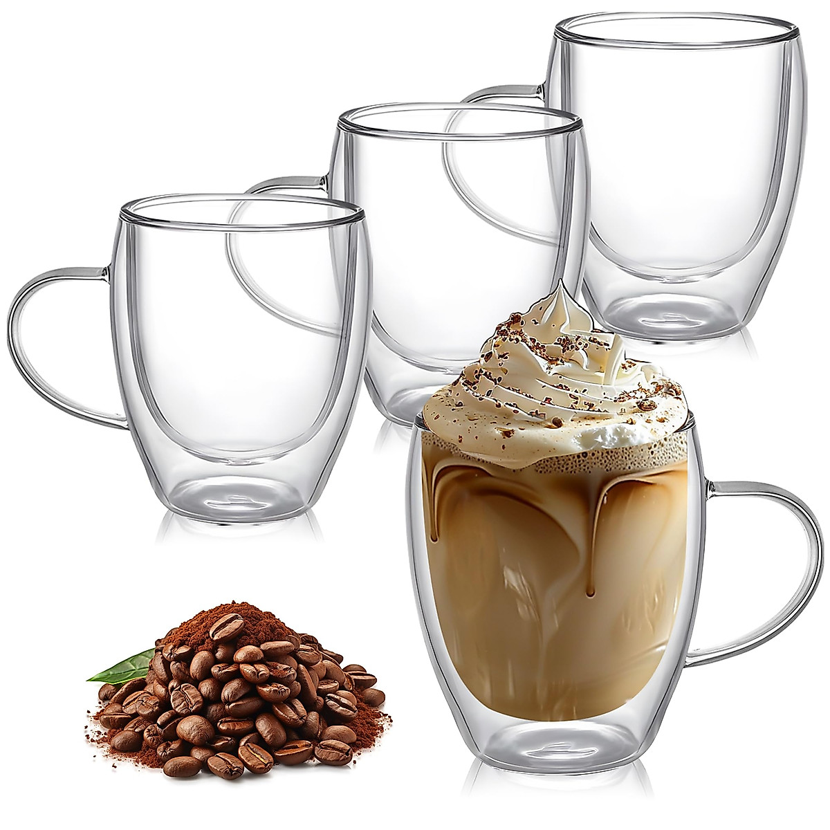 TECOHORS 8 Ounces Set of 4 Double Walled Glass Coffee Mugs with with Handle Insulated Layer Coffee Cups Borosilicate Glass Espresso Double Insulated Clear Glass Coffee Mug for Hot Beverages