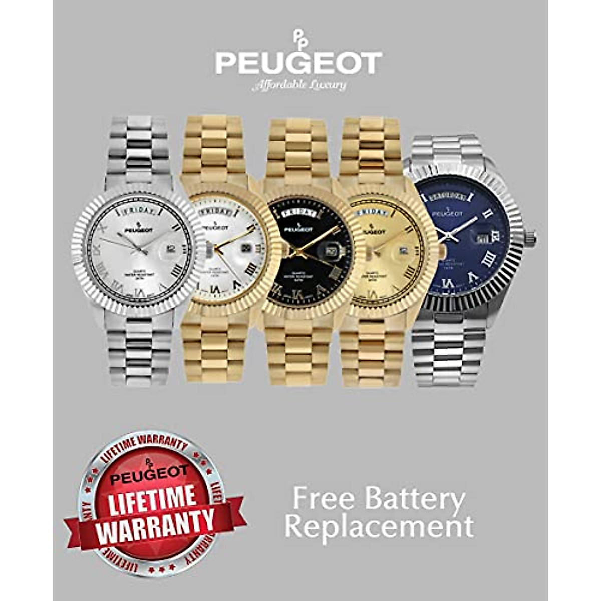 Peugeot 14K All Gold Plated Big Face Luxury Watch with Day Date Windows, Roman Numerals & Coin Edge Fluted Bezel Watch