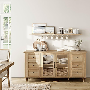 WAMPAT Sideboard Buffet Cabinets with Glass Door, Kitchen Storage Cabinets, Wood Coffee Bar Tables, Accent Sideboard Storage Cabinet Table Dining Room, Living Room,Oak