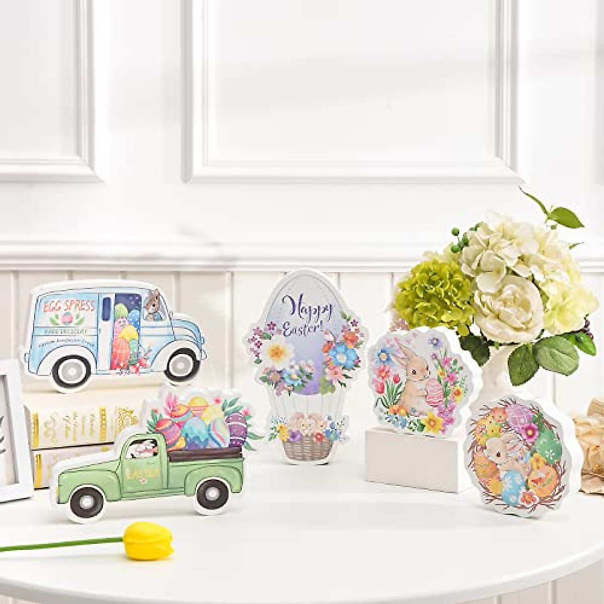 Easter decorations 5 pcs bunny table wooden signs Easter tabletop decor Decorative Centerpieces Decoration for Easter Day Home Kitchen Signs