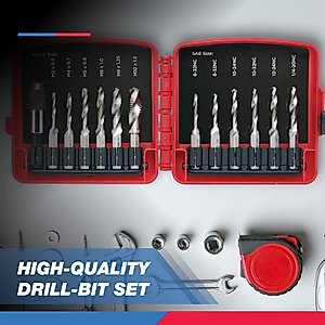 NEIKO 10059A Combination Drill and Tap Bit Set with Quick Change Adapter, 13 Piece, SAE (6-32NC to 1/4-20NC) and Metric Drill Bit Set (M3 to M10), Metric Tap Set