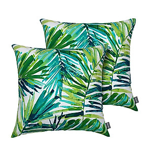 Magpie Fabrics Patio Pillow with Insert 18"x18", Set of 2, Fade-Resistant Outdoor Indoor Cushion Decorative Throw Pillow Decoration for Couch Garden Furniture - Green Palm Leaves