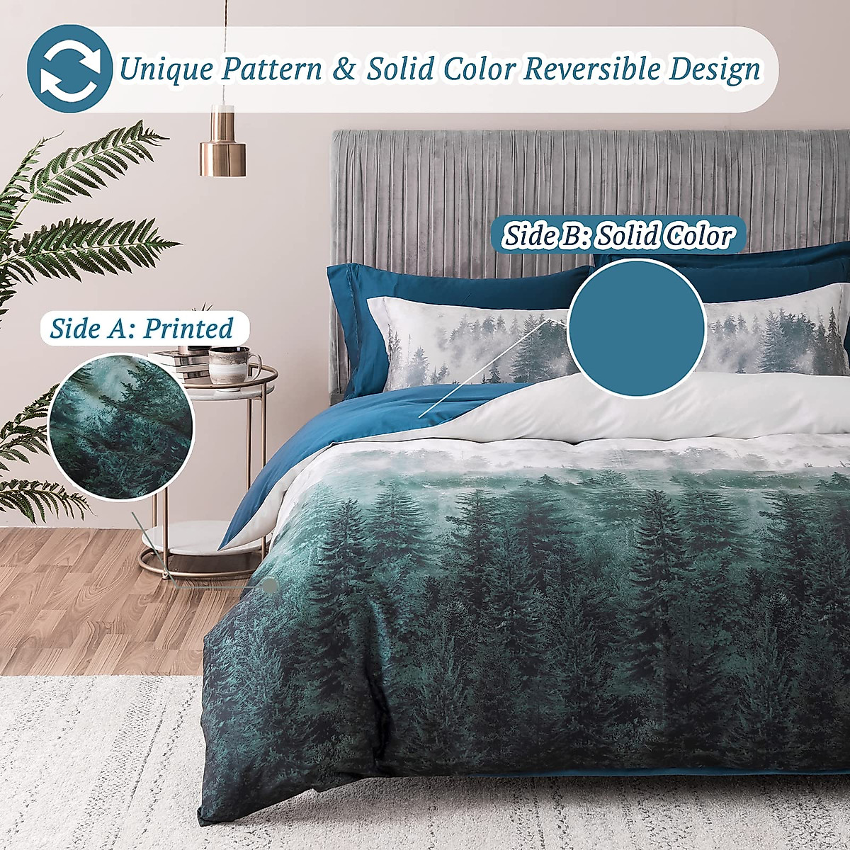 MILDLY 100% Long Staple Cotton Mountain Duvet Cover Set, Blue Green Gradient Trees Pattern Printed Comforter Cover Set