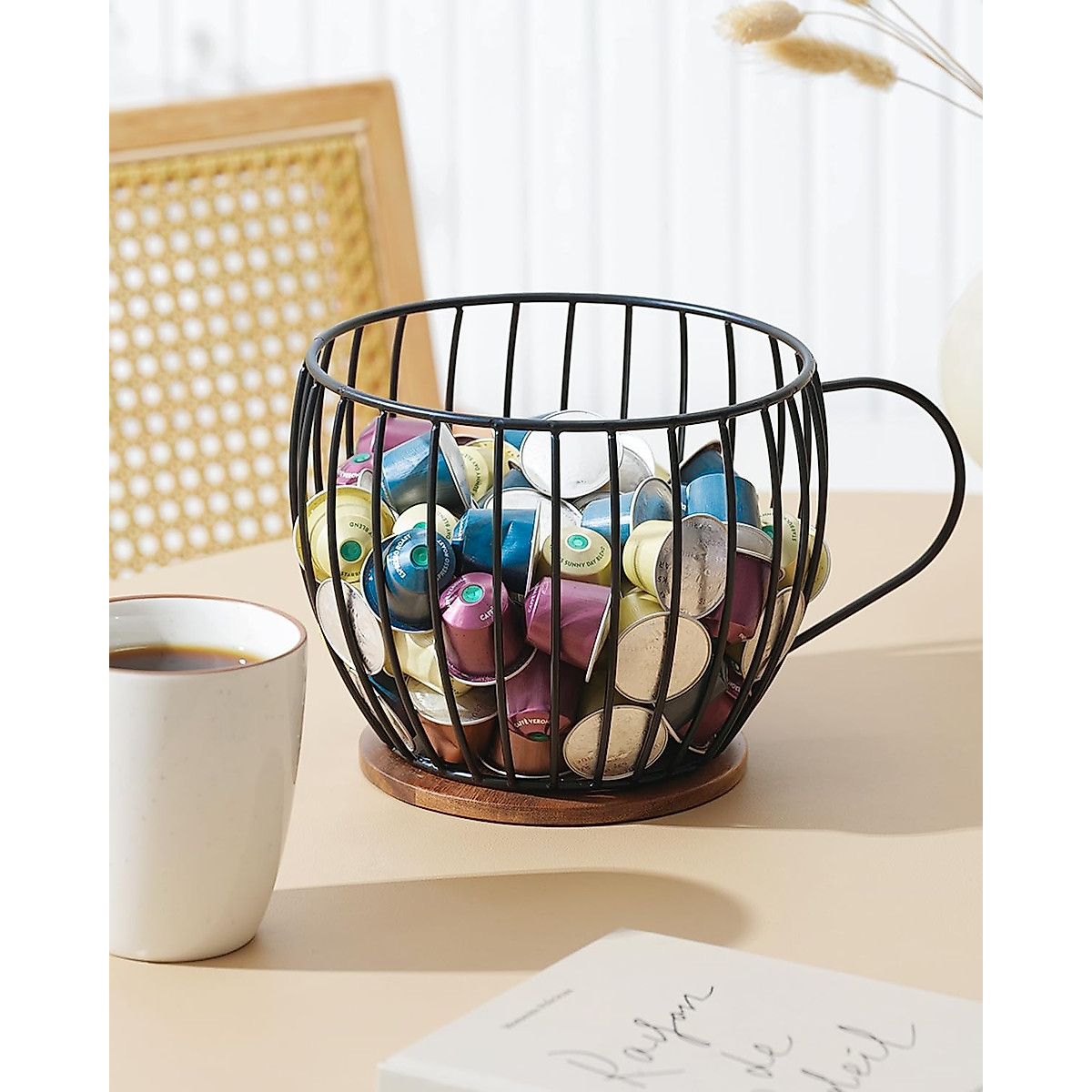 getstar Coffee Pod Holder, Large Black Wire Coffee Bar Accessories with Acacia Wood Base