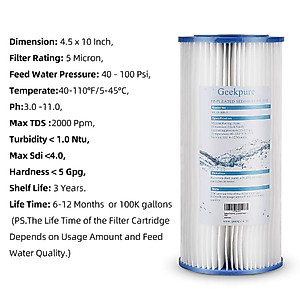 Geekpure Single Stage Whole House Water Filter System with 10-Inch Clear Housing-1"Port with 4 Pieces PP Pleated Filter