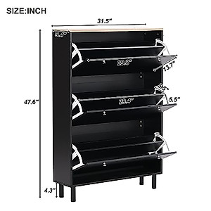 Goohome Narrow Design Shoe Cabinet with 3 Flip Drawers, Wood Grain Pattern Top Entryway Organizer with 3 Hooks, Free Standing Shoe Rack with Adjustable Panel, Modern Style Shoe Rack for Hallway