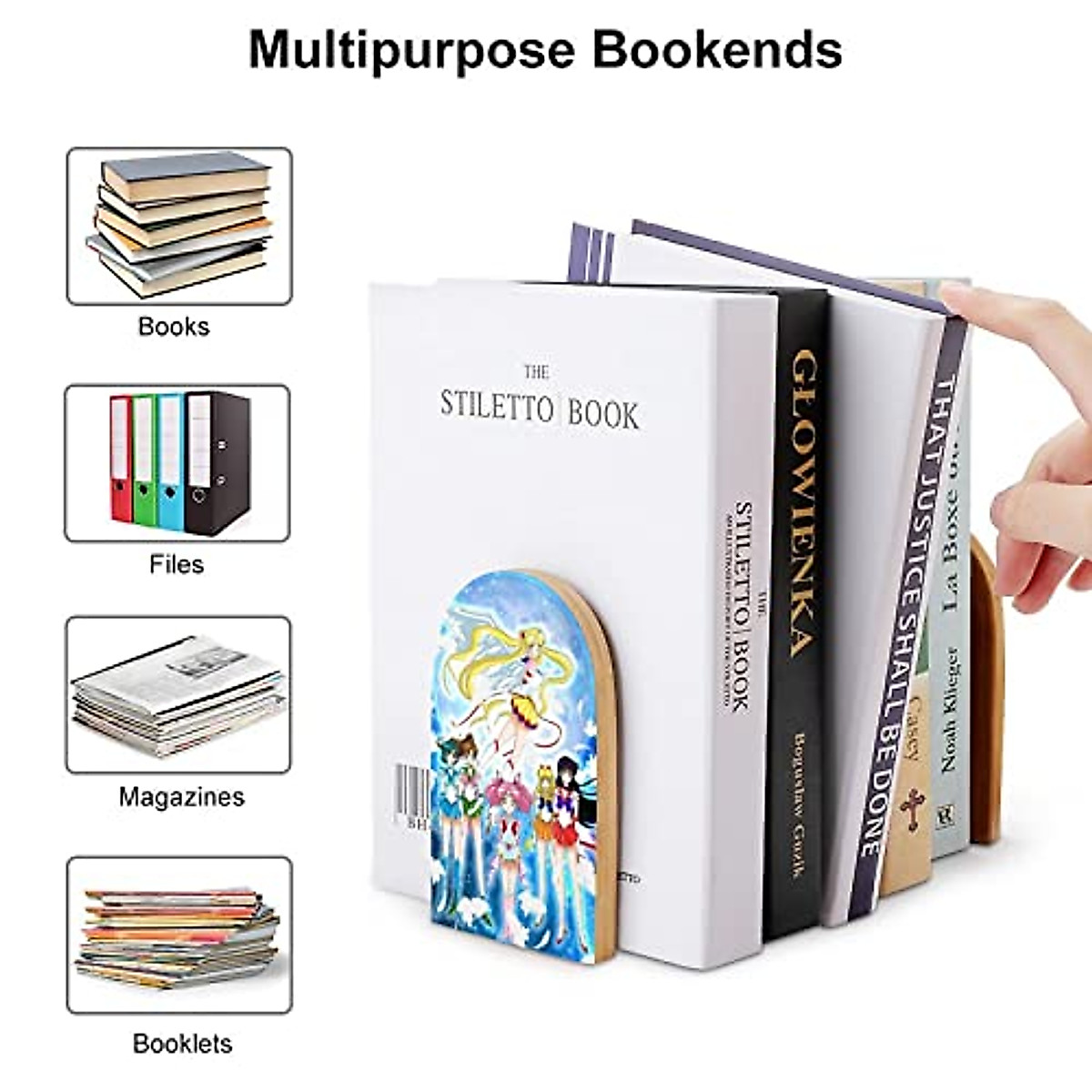 Anime Poster Moon Bookends Wood Book Divider Decorative Shelves Non-Skid Book Stand 2 Pieces for Office Home