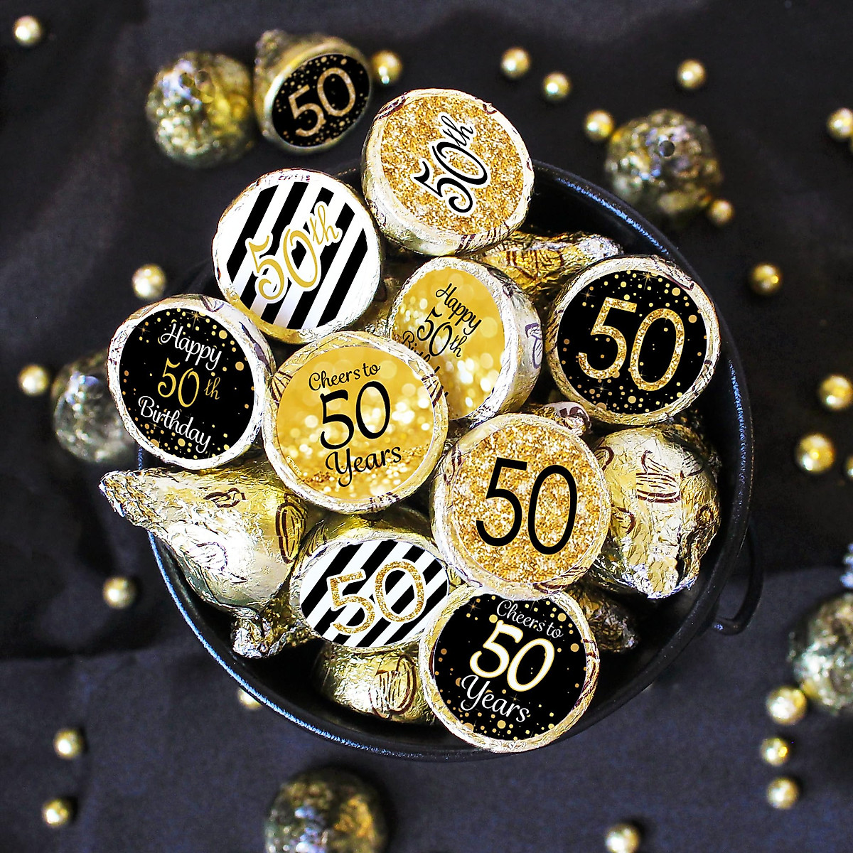 Black and Gold 50th Birthday Party Favor Chocolate Kisses Candy Stickers - 180 Labels
