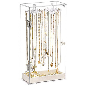 boailydi Acrylic Necklace Holder, Necklace Organizer, Rotatable Clear Jewelry Organizer Display Case for Long Necklaces Pendant Bracelets, Jewelry Holder with Beige Velvet Tray for Rings Earrings