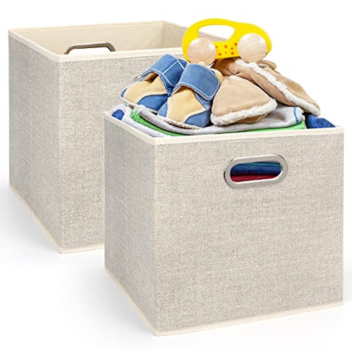 BiSiViO 13 Inch Fabric Cube Organizer, Foldable Cube Storage Bins Basket, Closet Organizers Box, Home Organizers with Handle for Shelves, Closet, Kallax, Office, 2 Packs (Beige)
