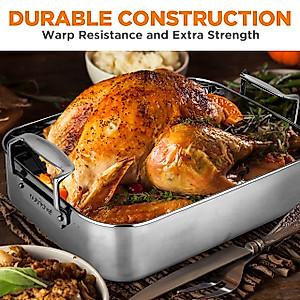 NutriChef 14-Inch Stainless Steel Kitchen Roasting Pan with Polished Wire Rack - Versatile Baking Set for Turkey, Chicken, Meats, & More - Premium & Heavy Duty Roaster for Oven w/ Built-In Handles