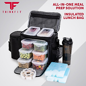 ThinkFit Large Black Meal Prep Lunch Bag, 8 Portion Control Containers, Pill Dispenser, Shaker Cup & 2 XL Reusable Ice Packs