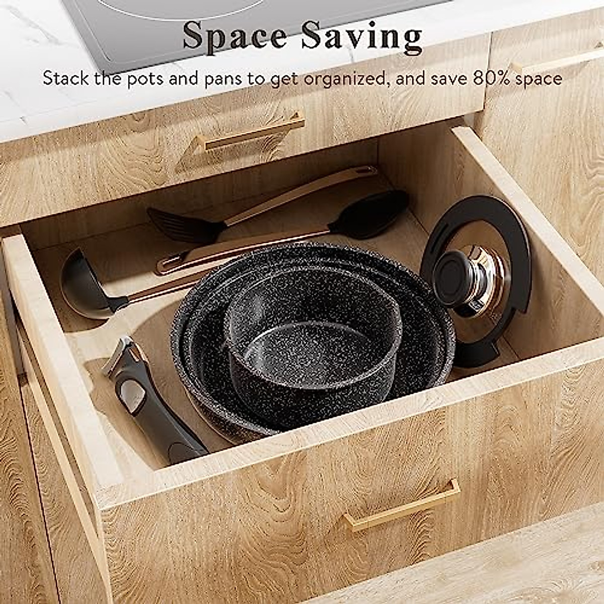 Bazova Pots and Pans Set with Detachable Handle, 6-Piece Nonstick Granite Cookware Set,Space Saving Non Stick Stone Kitchen Cookware Sets for All Stoves Includes Induction, Oven Safe, PFAS/PFOA Free