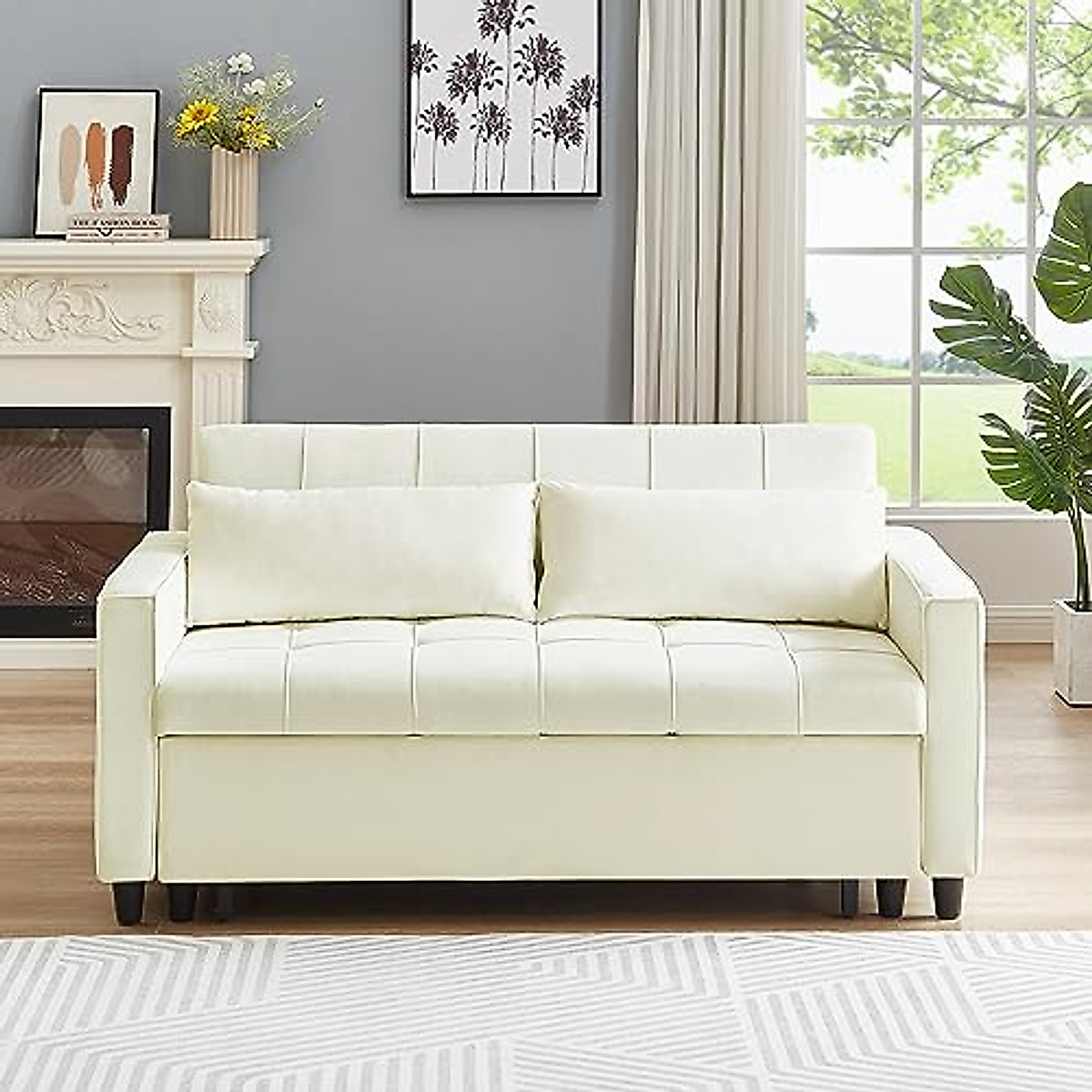3 in 1 Convertible Sofa Bed Pull Out Couch Sleeper Modern Velvet Loveseat Couch Futon Sofá Bed w/Reclining Backrest,Side Coffee Table,2 Pillows,Lounge Sofa for Living Room Apartment Home Office,White