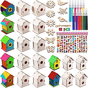 107 Pcs Wooden Birdhouse DIY Kits, Includes 21 Unfinished Wood Mini Bird House 24 Watercolor Pen 50 Bird Butterfly Flower Slices 12 Cute Animal Stickers for Kids Adults DIY Craft Making Supplies