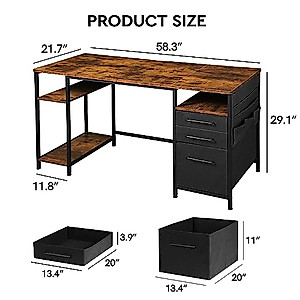 Maihail Office Desk with 2 Drawers, 59" Desk with Shelves. Desk with Storage Bag, Computer Desk for Home Office, Desk with Adjustable Shelves, Industrial Simple Workstation Wood Table, Rustic Brown