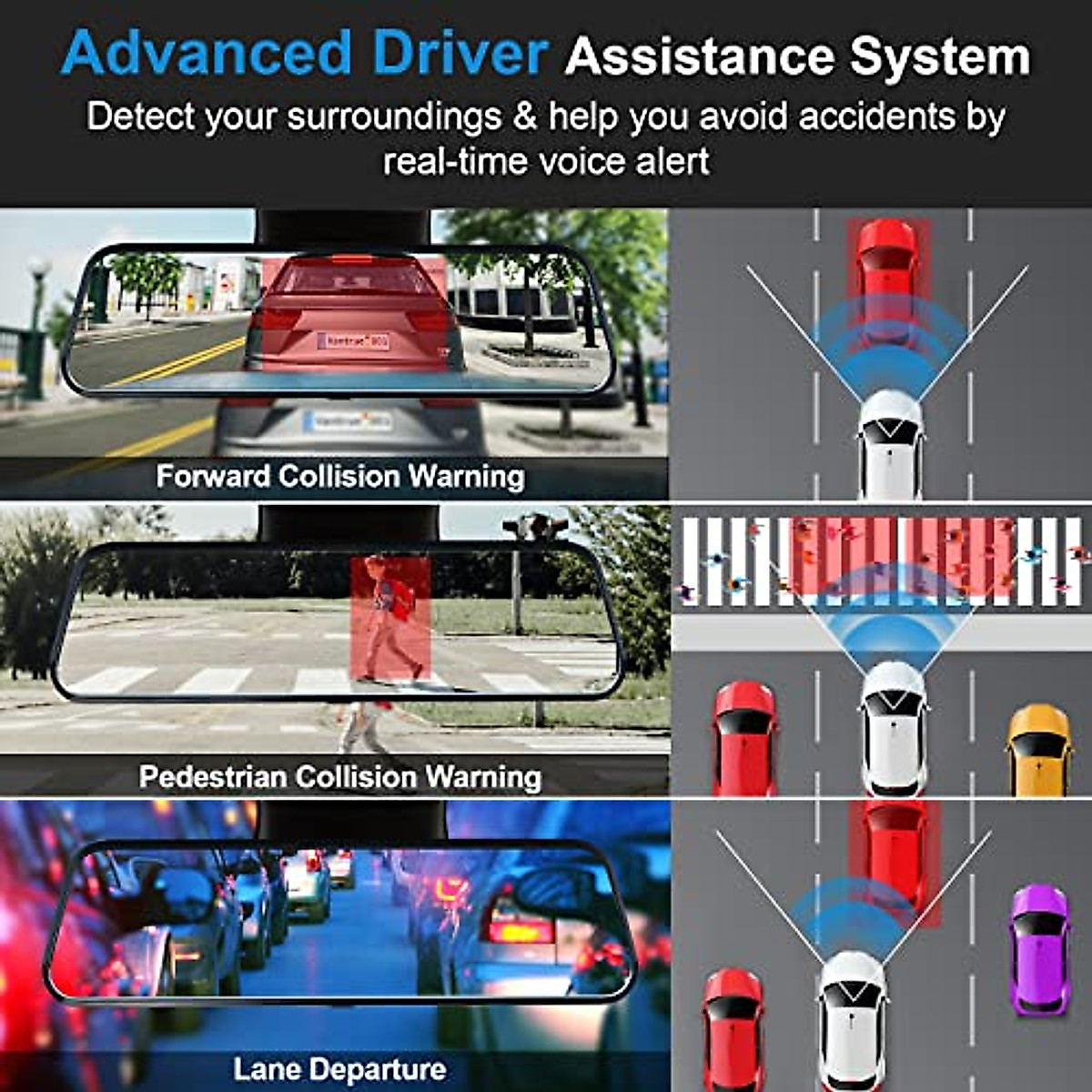 Pelsee P10 Pro 10" 4K Mirror Dash Cam, Rear View Mirror Camera Smart Driving Assistant w/ADAS and BSD, Night Vision Dash Cameras Front and Rear, Voice Control,Parking Monitoring,Free 32GB Memory Card