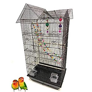 37-Inch Portable Double Roof Top Hanging Flight Bird Cage with Playing Toys for Small Parrot Cockatiel Sun Quaker Parakeet Green Cheek Conure Parrotlet Finch Canary Budgie Lovebird Travel Bird Cage