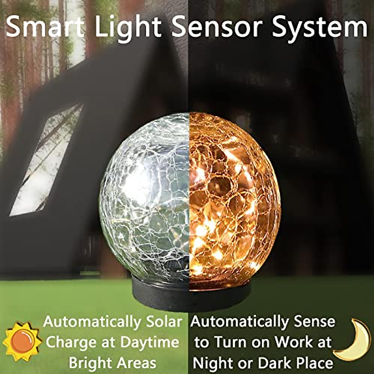 Garden Solar Lights, 2 Packs Cracked Glass Ball Solar Ground Lights Waterproof Warm White LED for Pathway Patio Yard Lawn Outdoor Decor 3.9Inch
