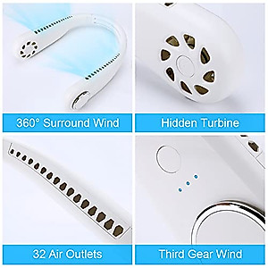 QUUREN Portable Neck Fan, 3 Speeds Handsfree Personal Fan Neck Cooler Personal Cooling Device 360° Neck Fan Bladeless USB Rechargeable Fan 32 Air Outlet Suitable for Traveling Sports Office (White)