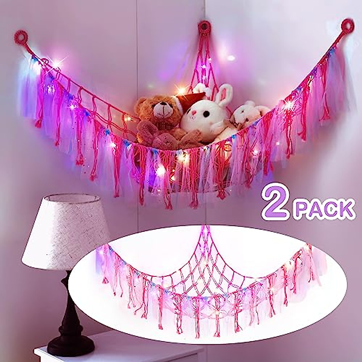 Windyun 2 Pcs Stuffed Animal Storage Hammock or Net with LED Light Stuffed Hanging Toy Hammock Mesh Organizer Holder Doll Room Corner for Kids Room Nursery Playroom Bedroom, Pink