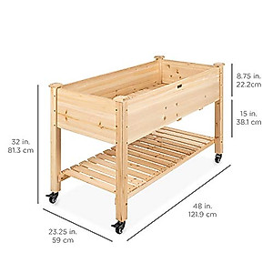 Best Choice Products Raised Garden Bed 48x24x32-inch Mobile Elevated Wood Planter w/Lockable Wheels, Storage Shelf, Protective Liner - Natural