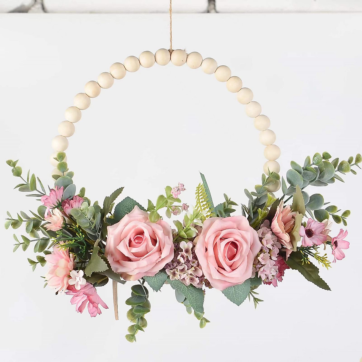 Artificial Flower Wreath,Wood Beads Rose Wreath, Indoor/Outdoor Farmhouse Wreaths for Front Door Decor