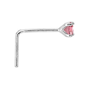22G Solid 14Kt Gold L-Shape Nose Stud with real Pink Tourmaline Gemstone, 14kt Yellow Gold or 14kt White Gold Prong Setting - October Birthstone Nose Ring-LSWG_PTM-2.5MM