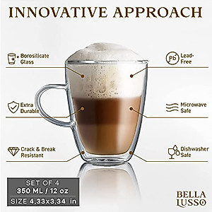 Glass Coffee Mugs 12 oz - Double Wall Insulated Cups - Large Glasses Set of 4 - Premium Gift Box - Tea,Latte,Cappuccino,Espresso on Saucer - Designed in USA Borosilicate Glassware - Dishwasher Safe…