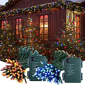 2 Pack Each 32.8ft 120 LED Battery Operated Christmas Tree Lights Indoor Outdoor Cluster String Lights with Timer 8 Modes Dark Green Wire Fairy Light for Xmas Bedroom Garden Decorations (Multicolor)