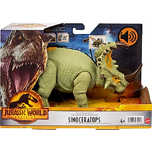 Mattel Jurassic World Dominion Roar Strikers Dinosaur Action Figure with Roaring Sound & Attack Action, Sinoceratops Dino Toy Includes Downloadable App & AR