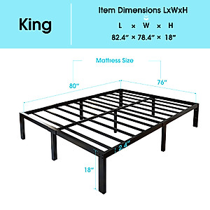 45MinST 3600lbs Heavy Duty Reinforced Platform, 18 Inch Tall Mattress Foundation, Steel Slats Support Bed Frame with Underbed Storage, Easy Assembly and Non Squeak, King
