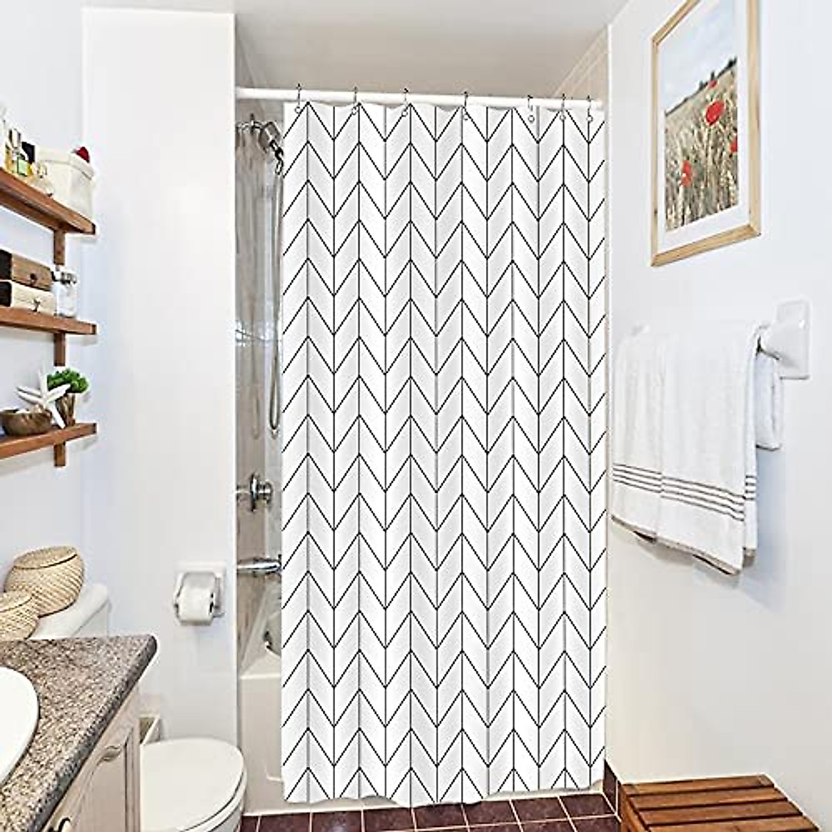 Riyidecor Black White Stall Small Dorm Camper Shower Curtain Liner RV Narrow Walkin Standing Half Little Size 36Wx72H Inch Chevron Herringbone Geometric Tiny Single Stand Up Fabric Bathroom Decor