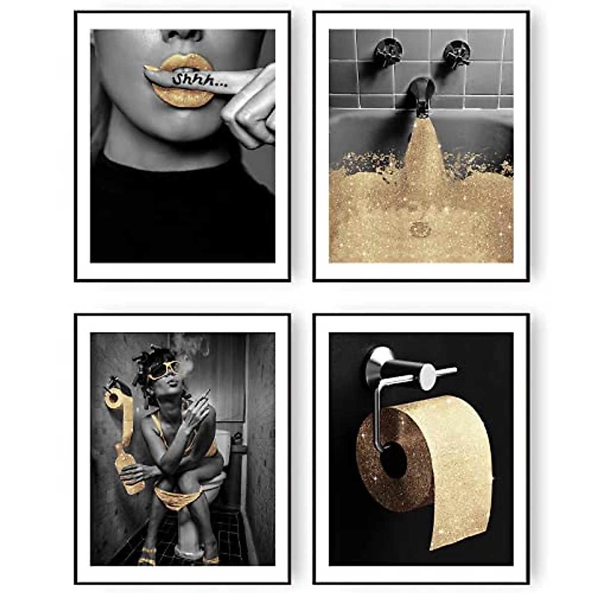 Admmixoo Bathroom Decor Wall Art Prints Glam Glitter Tissue Black Gold Funny Bathroom Toilet Paper Artwork for Wall Black White Yellow Modern Fashion Art Gallery Wall Set (8"x10" UNFRAMED)