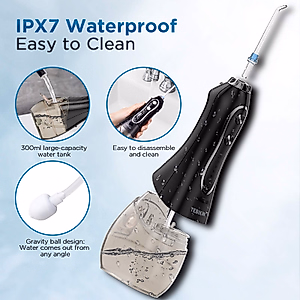 TEBIKIN Cordless Water Flosser Portable Dental Professional Oral Irrigator with Gravity Ball Powerful Travel Water Teeth Cleaner with 5 Levels 5 Tips IPX7 Waterproof 300ML for Home Travel