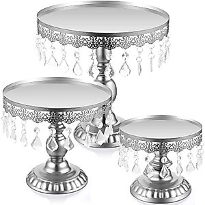 Eaasty 3 Pcs Cake Stand Set Round Cake Stand with Crystal Bling Pendants Dessert Table Display Set for Wedding Event Birthday Party Dessert Table(Silver)