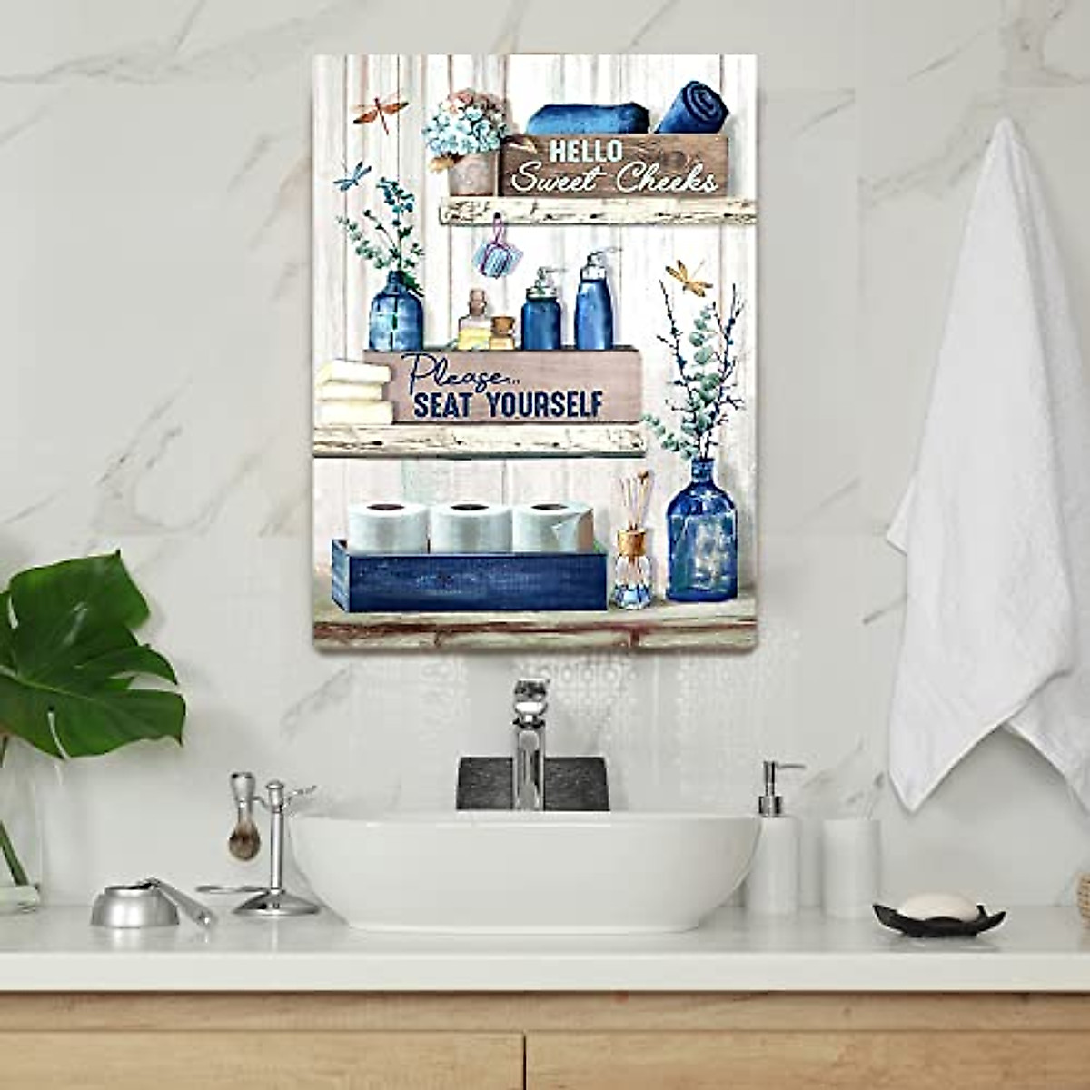 Bathroom Decor Wall Art Dragonfly Wall Art Blue Bathroom Sign Rustic Farmhouse Bathroom Canvas Prints Signs Wood Background Bathroom Pictures Artwork Framed Bath Laundry Home Decorations12 x16