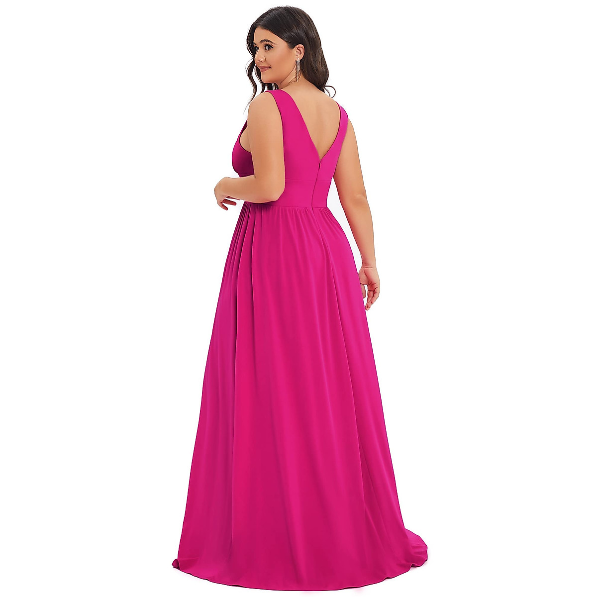 Ever-Pretty Summer Maxi High Slit Pleated Sleeveless Plus Size Formal Dresses for Curvy Women Hot Pink US16