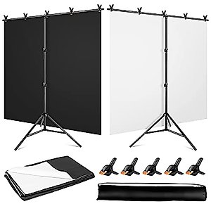 YAYOYA Black White Backdrop Screen with Stand Kit 5x6.5ft for Photo Video Studio, 2-in-1 Revisible Black Backdrop White Screen with T-Shaped Photography Background Support Stand and 5 Backdrop Clamps