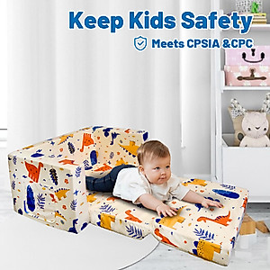 Truwelby Kids Sofa Toddler Couch, Children's 2 in 1 Convertible Sofa to Lounger, Extra Soft Flip Open Chair Sofa Bed, Cute Dinosaur Print Toddler Chair for Kids Girls Boys (Grass Dinosaur, Medium)